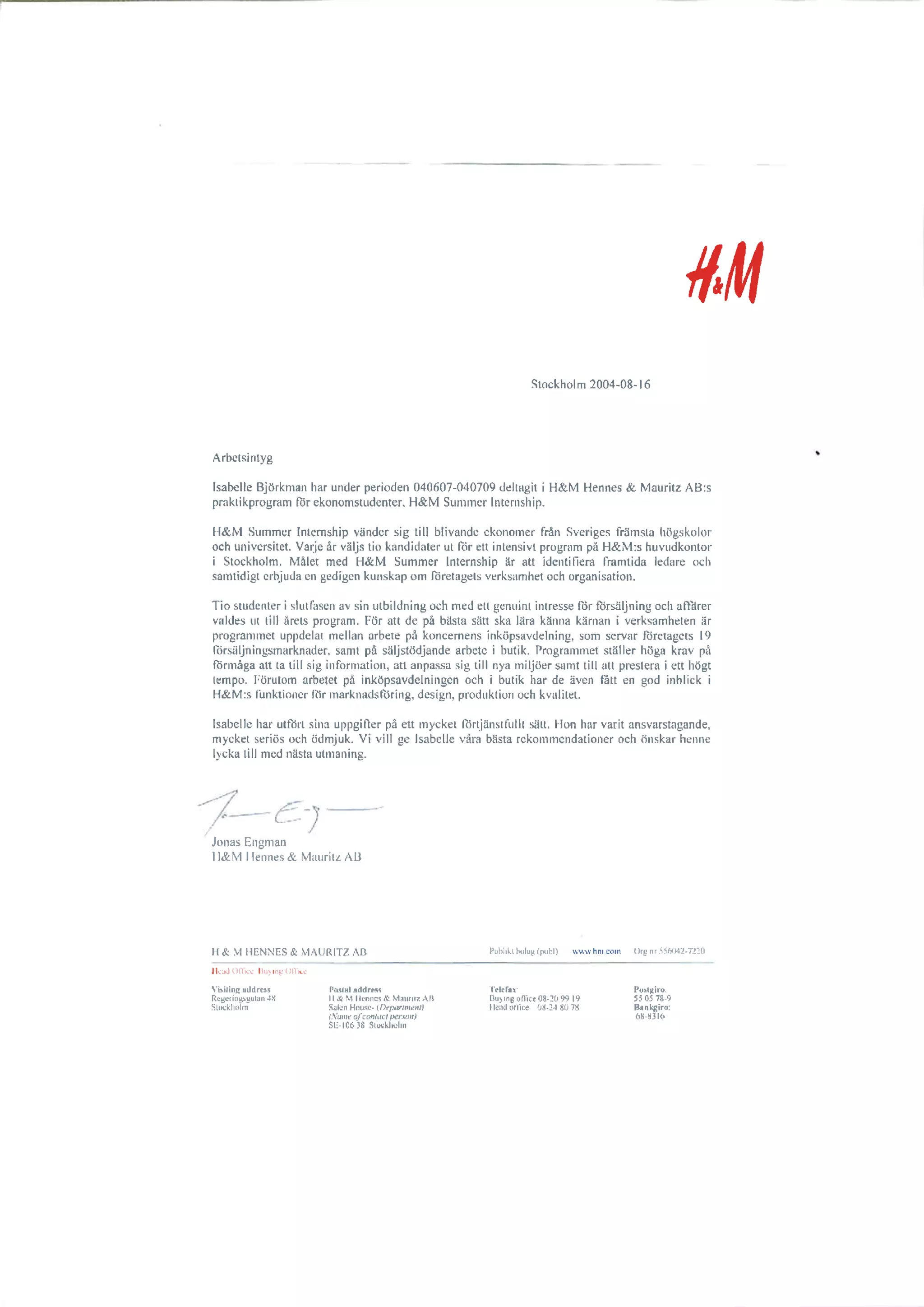 Reference letter.H&M | PDF