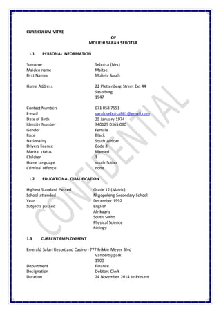 CURRICULUM VITAE Moliehi Sarah Sebotsa (1) | DOCX | Resume Writing and Advice | Job Search