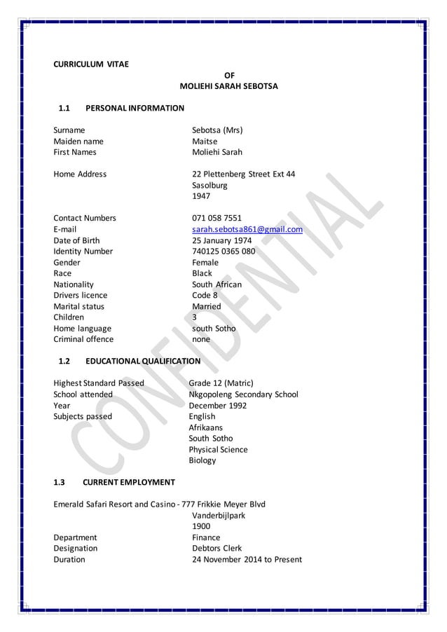 CURRICULUM VITAE Moliehi Sarah Sebotsa (1) | DOCX | Resume Writing and Advice | Job Search