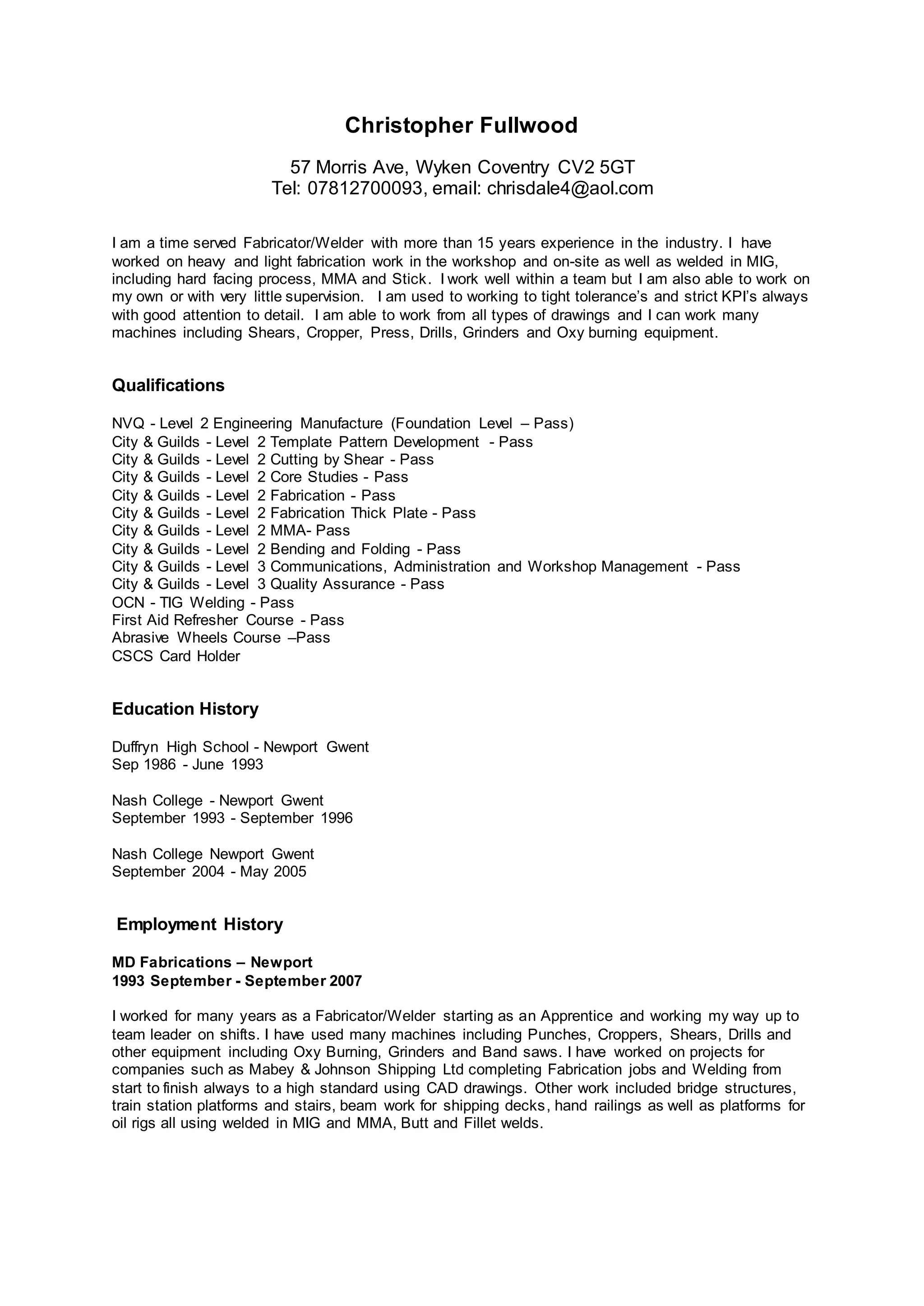 Chris Fullwood CV (1) | PDF