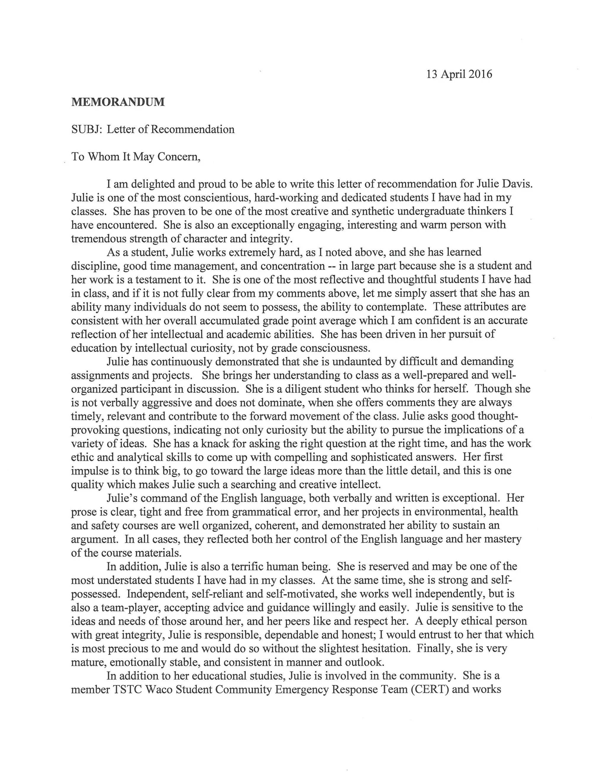Student Character Reference Letter of Recommendation (Julie Davis) | PDF