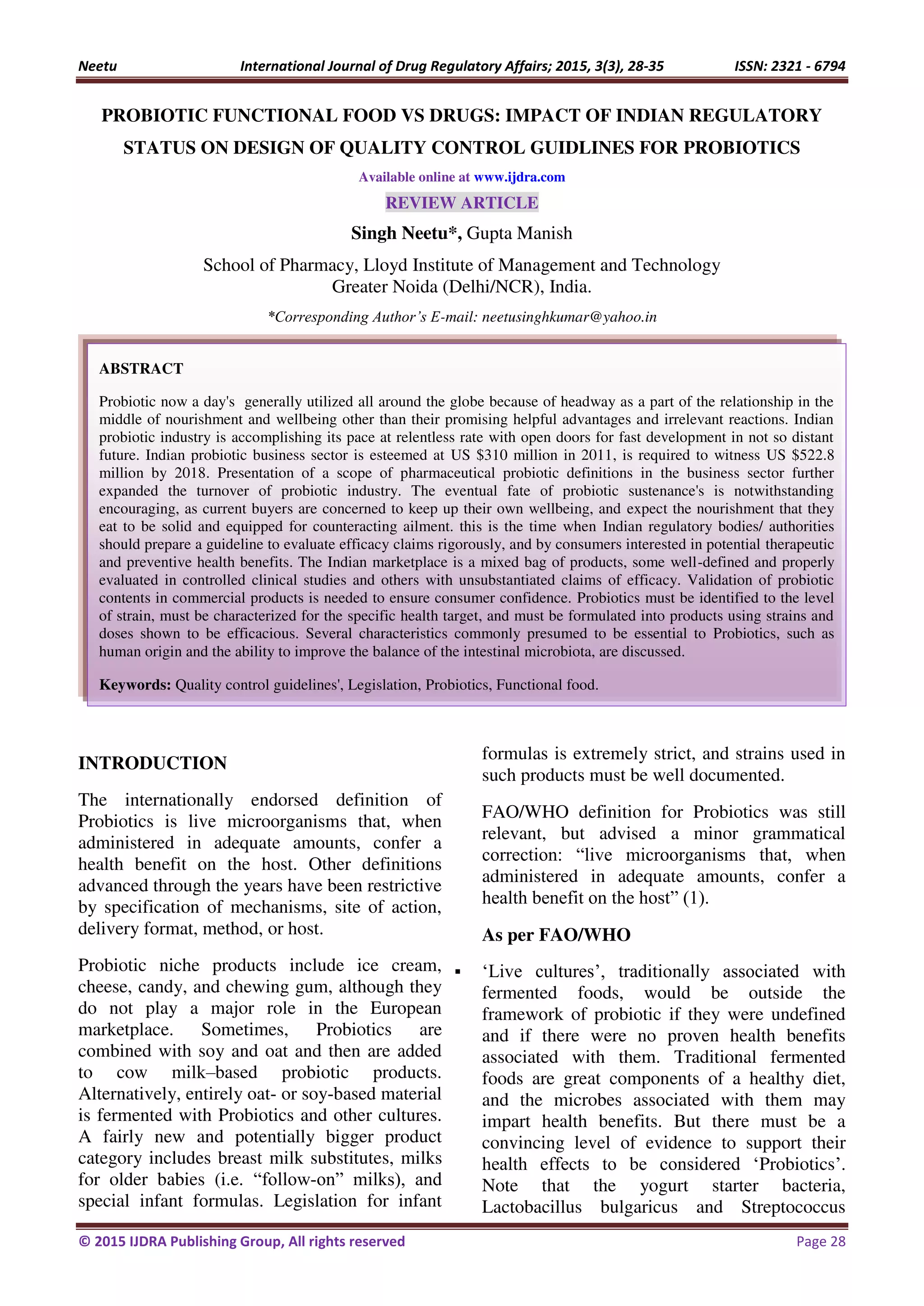 PROBIOTIC FUNCTIONAL FOOD VS DRUGS: IMPACT OF INDIAN REGULATORY STATUS ...