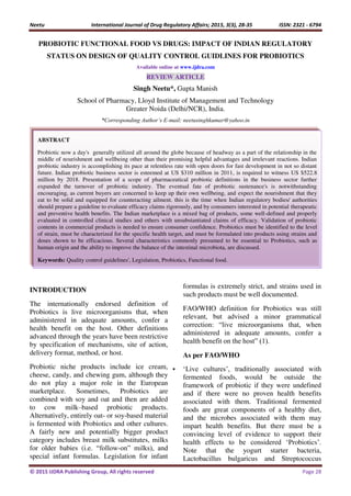 PROBIOTIC FUNCTIONAL FOOD VS DRUGS: IMPACT OF INDIAN REGULATORY STATUS ...