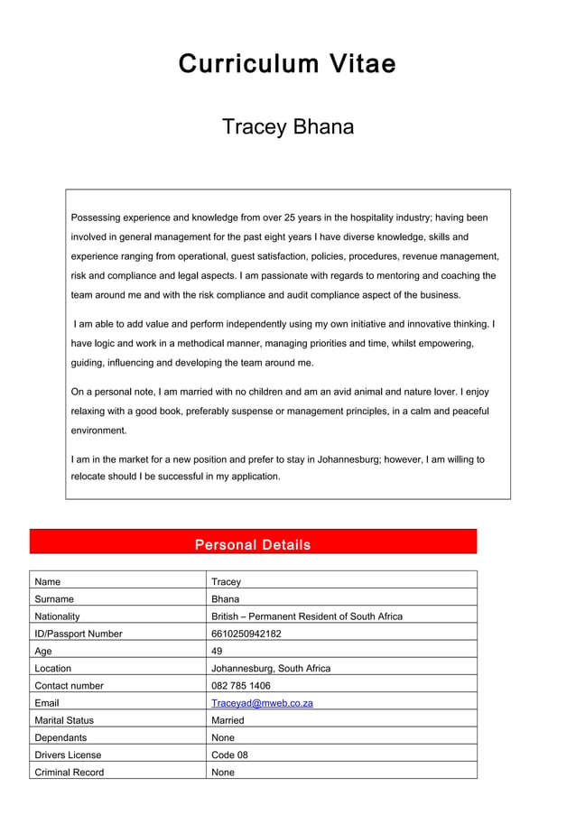 Tracey Bhana CV January 2016 | DOC