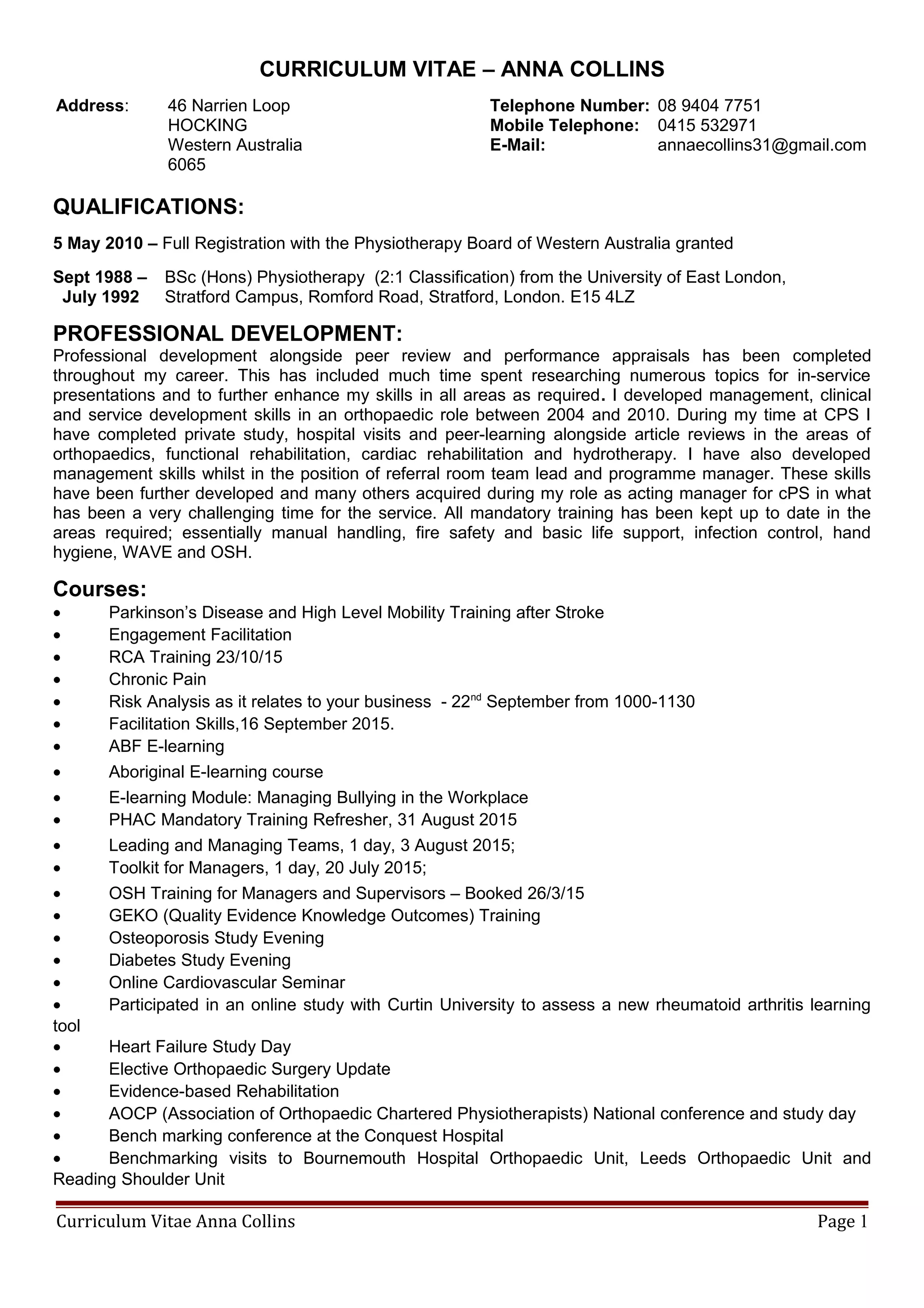 2016 CURRICULUM VITAE | DOC | Physical Therapy | Wellness
