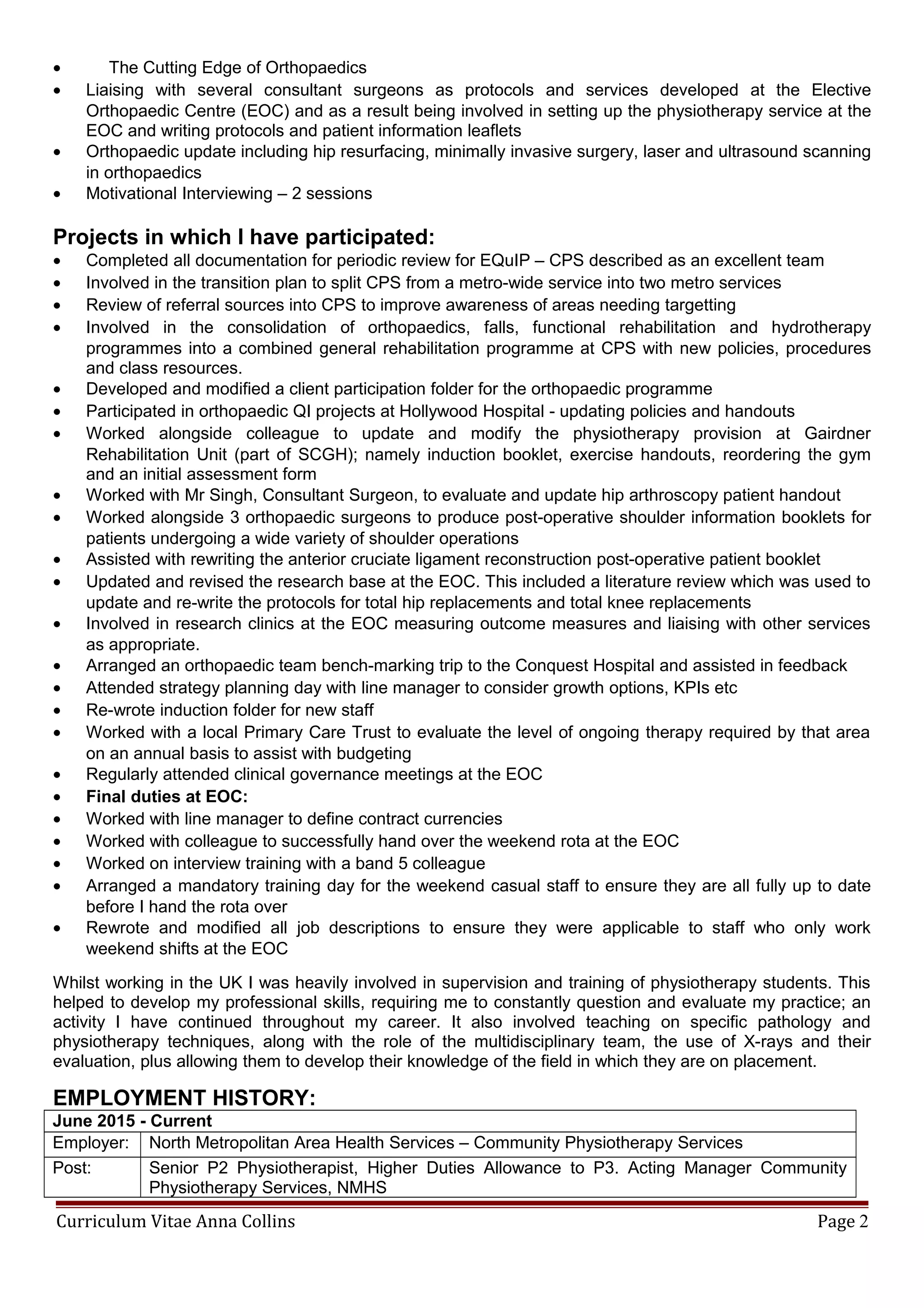 2016 CURRICULUM VITAE | DOC | Physical Therapy | Wellness