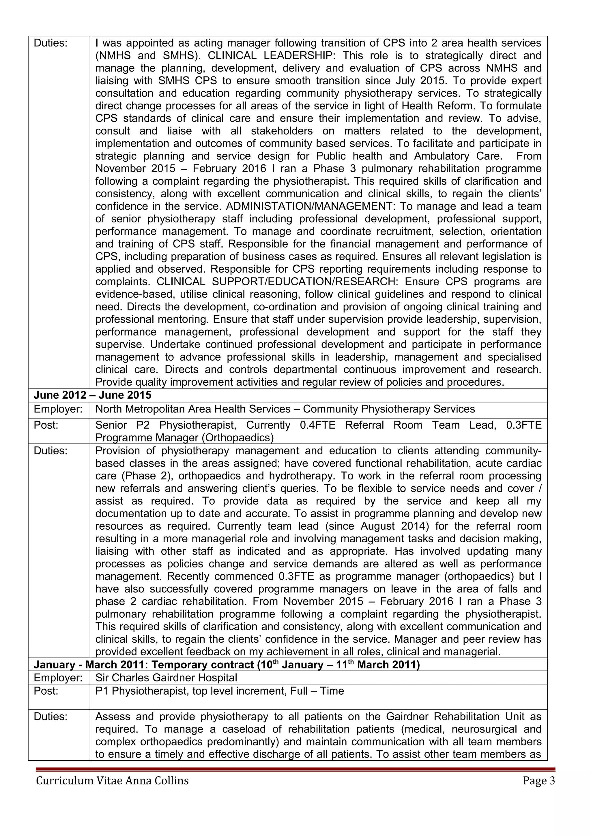 2016 CURRICULUM VITAE | DOC | Physical Therapy | Wellness