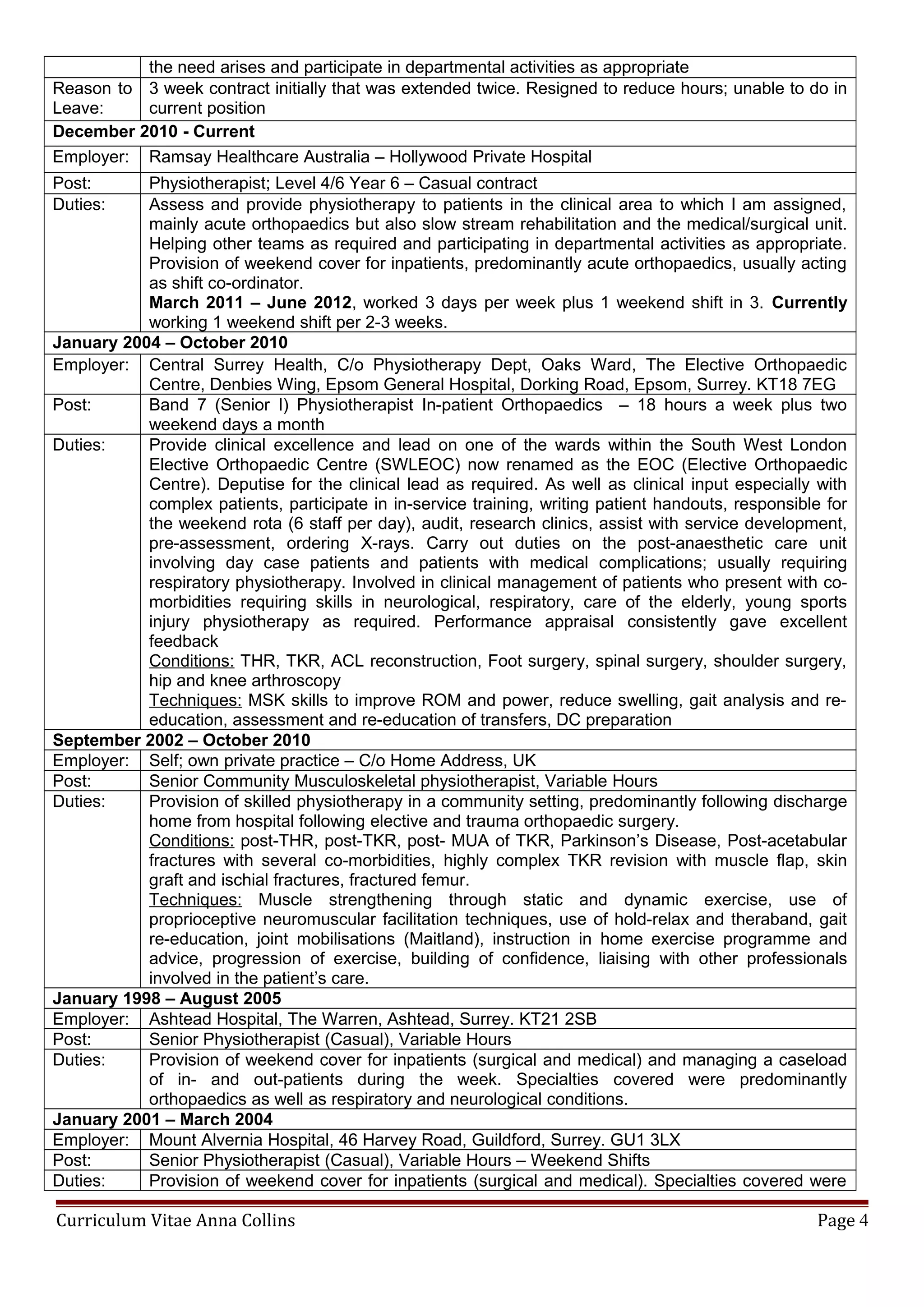 2016 CURRICULUM VITAE | DOC | Physical Therapy | Wellness