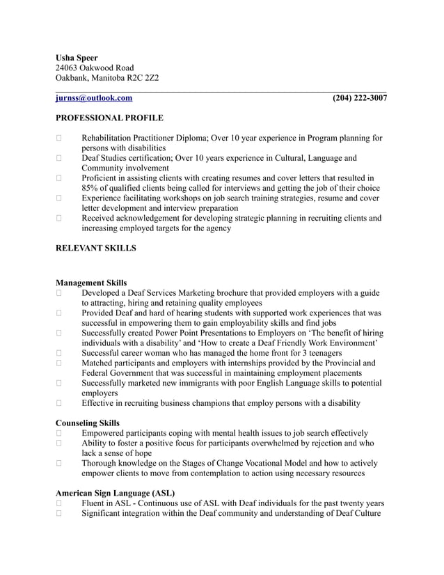 Usha - Employment Counsellor Resume | RTF