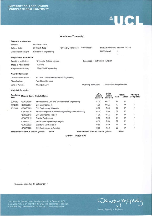 UCL transcripts Mohamed Debs | PDF