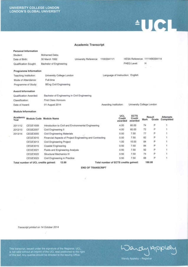 UCL transcripts Mohamed Debs