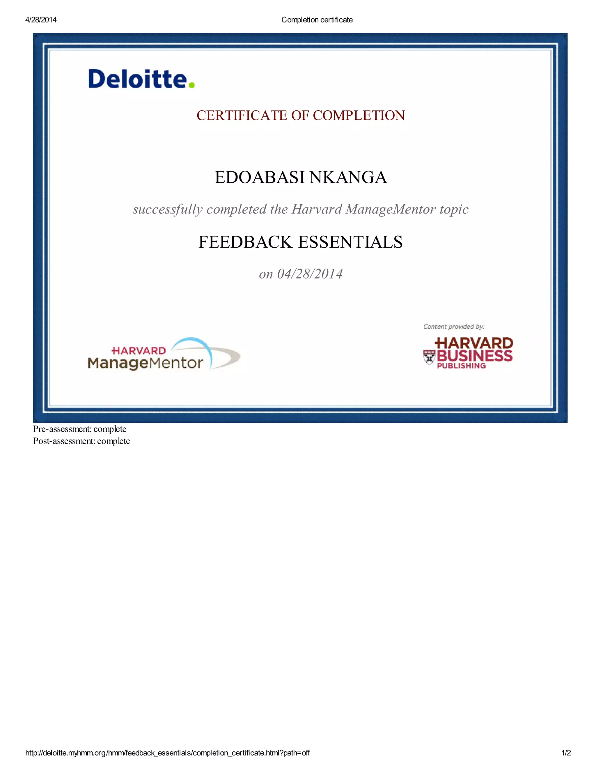 Completion certificate on feed back essentials | PDF