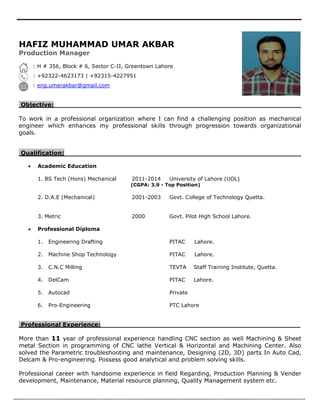HAFIZ MUHAMMAD UMER AKBAR CV | PDF | Manufacturing Industry | Industries