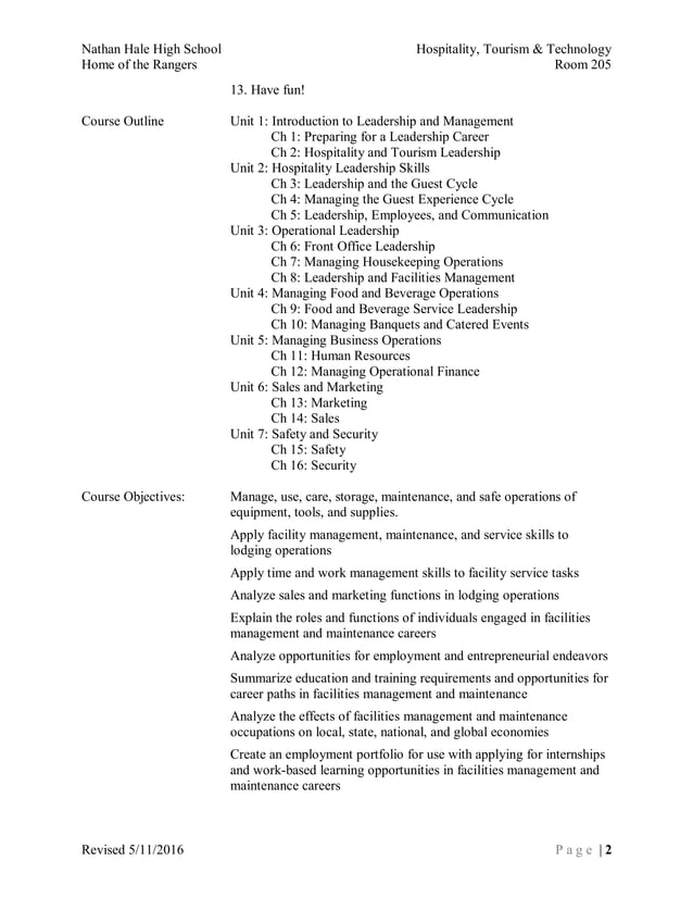 Lodging Mgmt II Syllabus | PDF