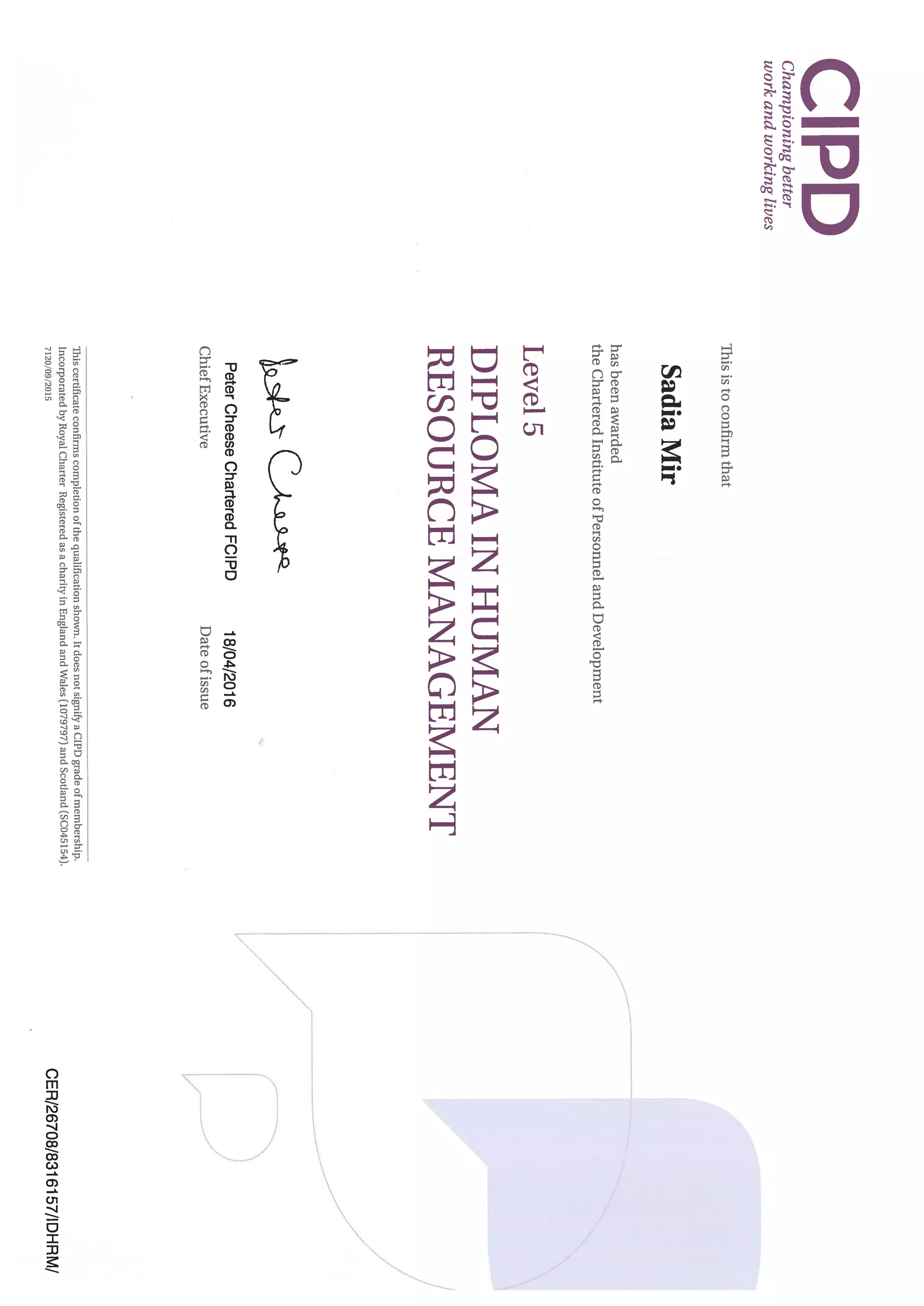 Sadia Mir - CIPD - HRMD - Dip Certificate | PDF
