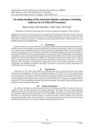 An understanding of the electronic bipolar resistance switching behavior in Cu/TiO2/ITO ...