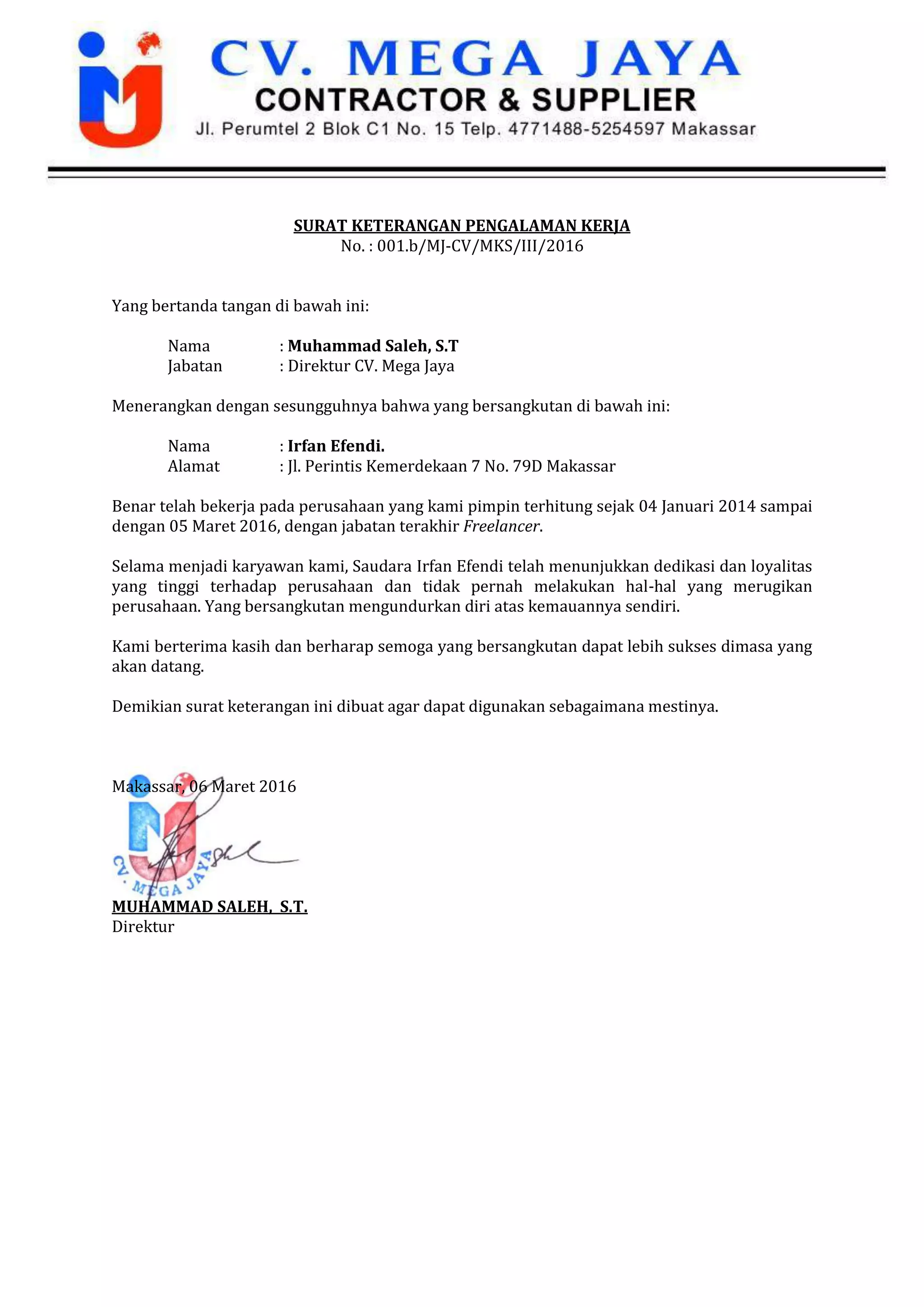 Surat Referensi Kerja CV.Mega.compressed | PDF