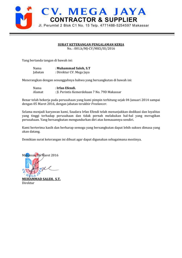 Surat Referensi Kerja CV.Mega.compressed | PDF