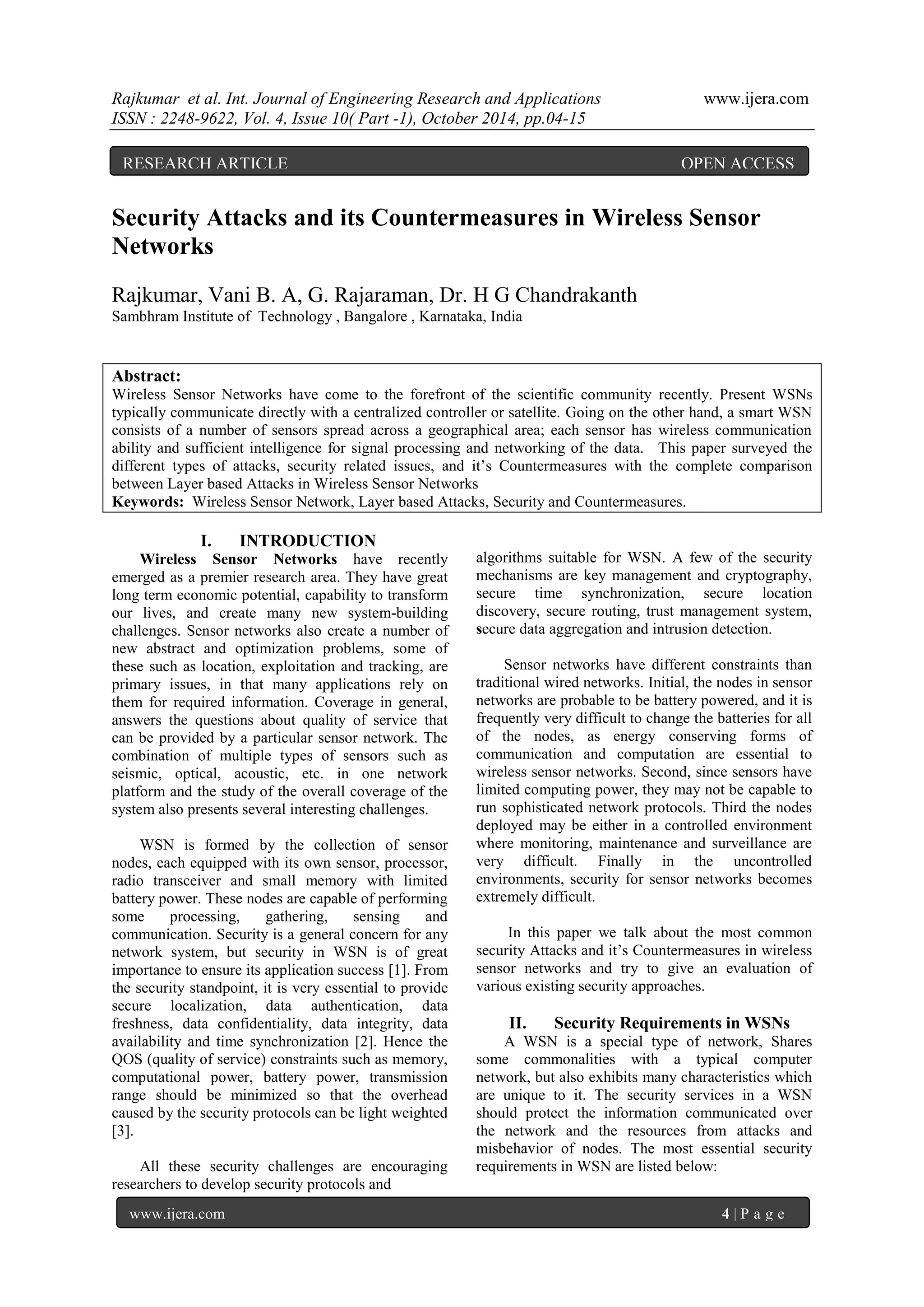 Security Attacks and its Countermeasures in Wireless Sensor Networks | PDF