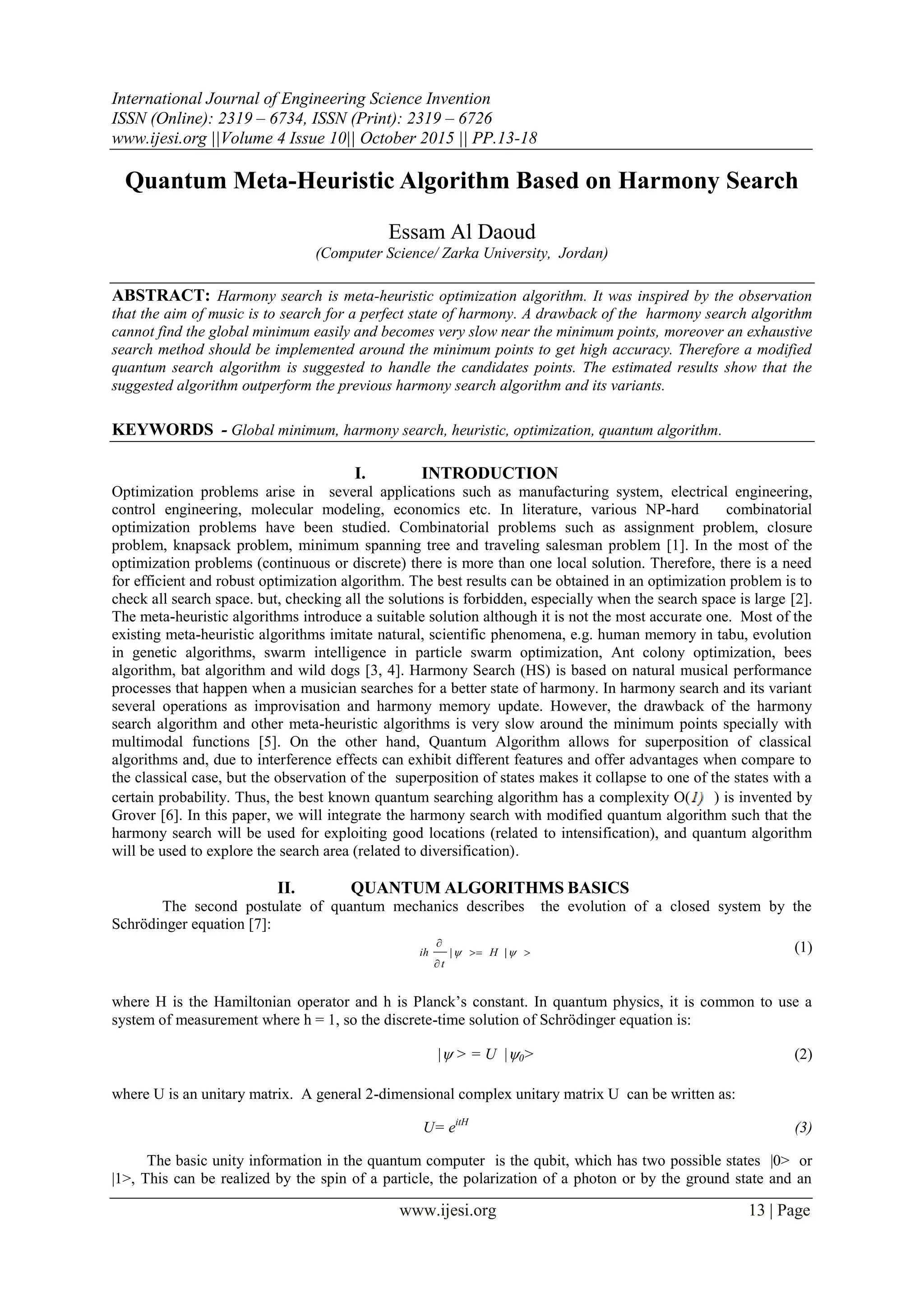 Quantum Meta-Heuristic Algorithm Based on Harmony Search | PDF