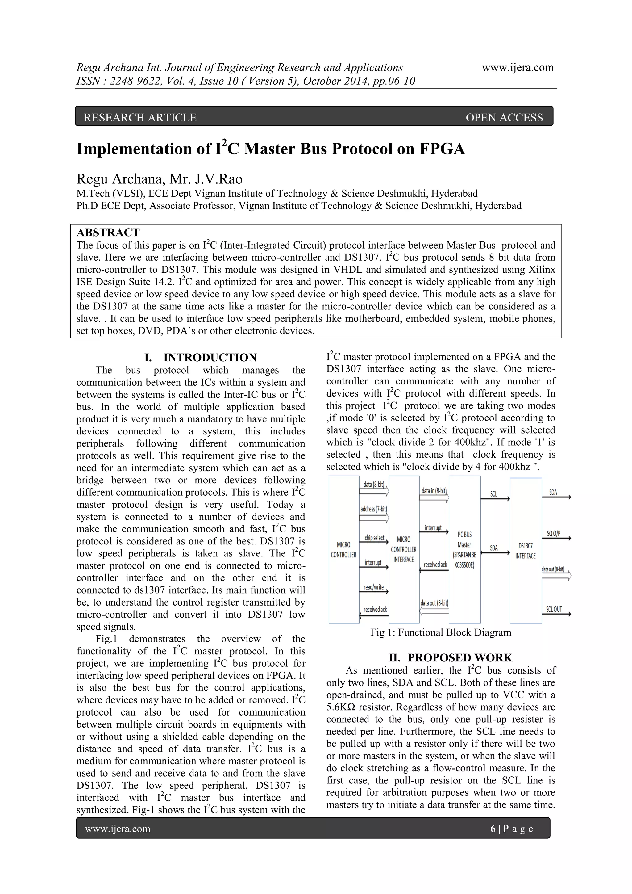 Implementation of I2C Master Bus Protocol on FPGA | PDF