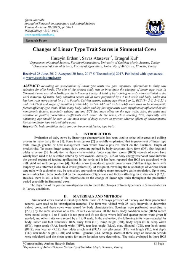 Changes of Linear Type Trait Scores in Simmental Cows | PDF