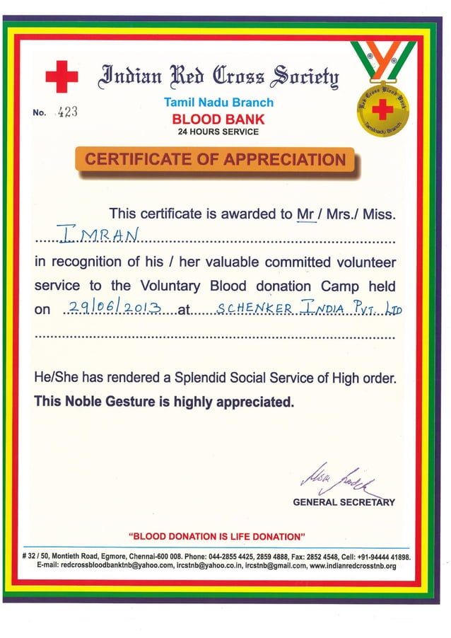 Imran SAF - Blood Donation Volunteer Certificate 29-Jun-13 | PDF | Free ...