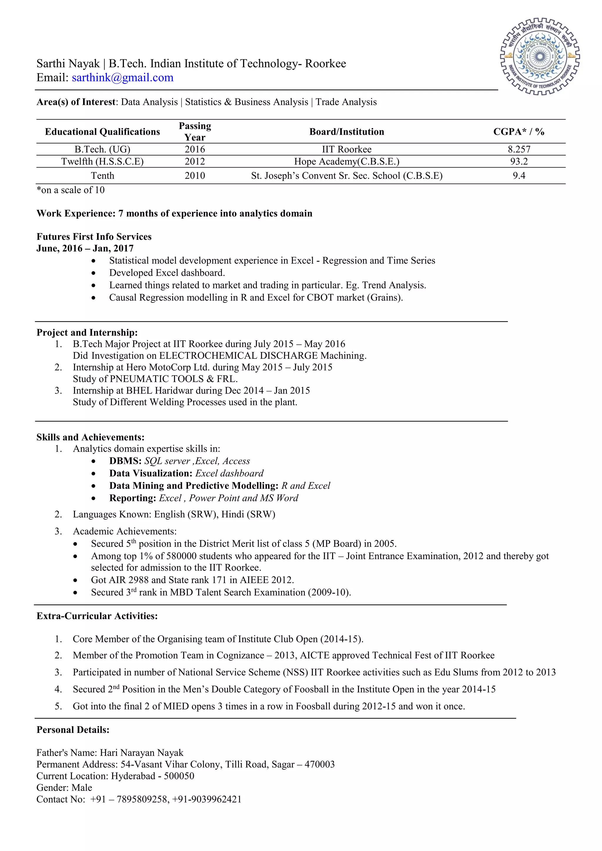 Sarthi Nayak_ IIT_Roorkee_Resume | PDF | Technology & Computing