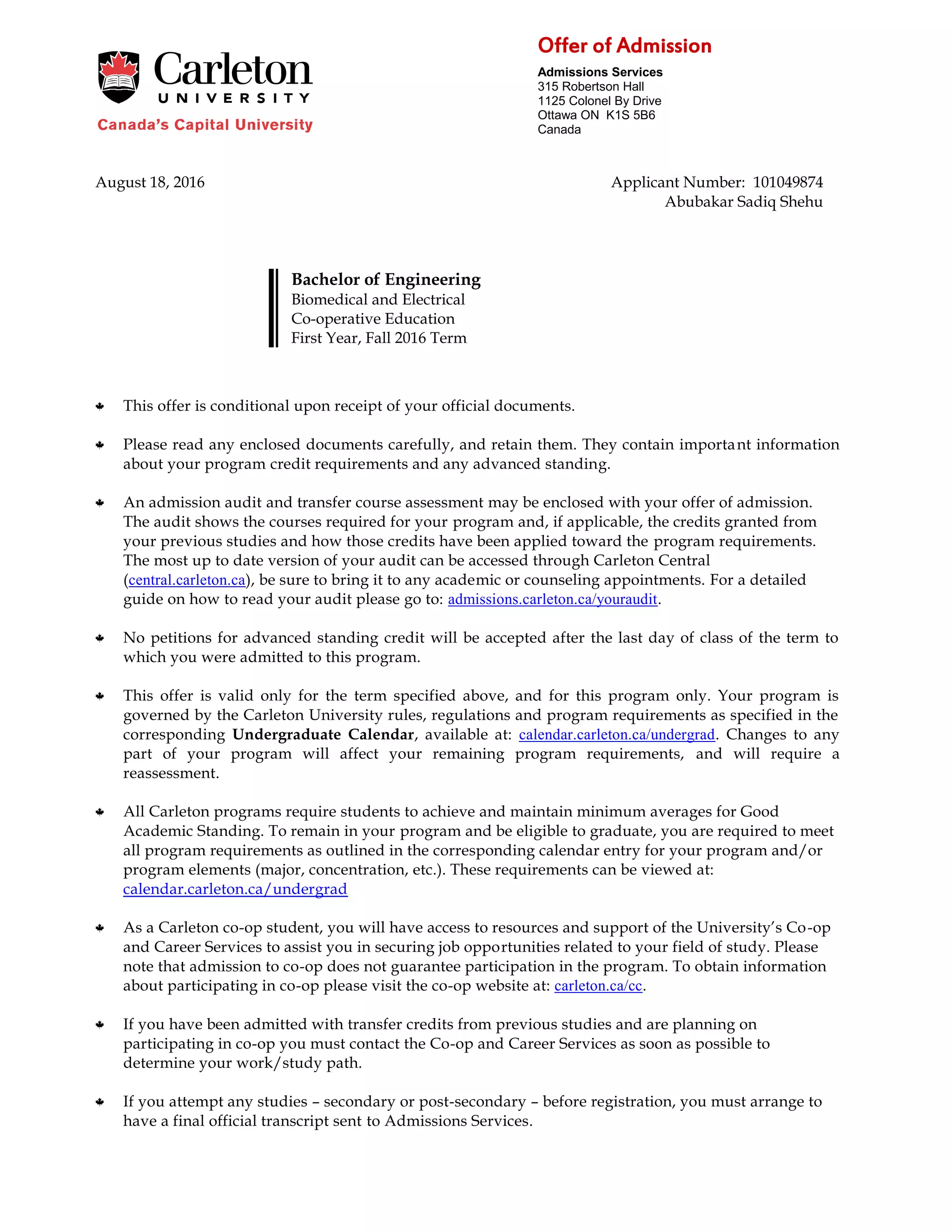 Carleton Acceptance Letter | PDF