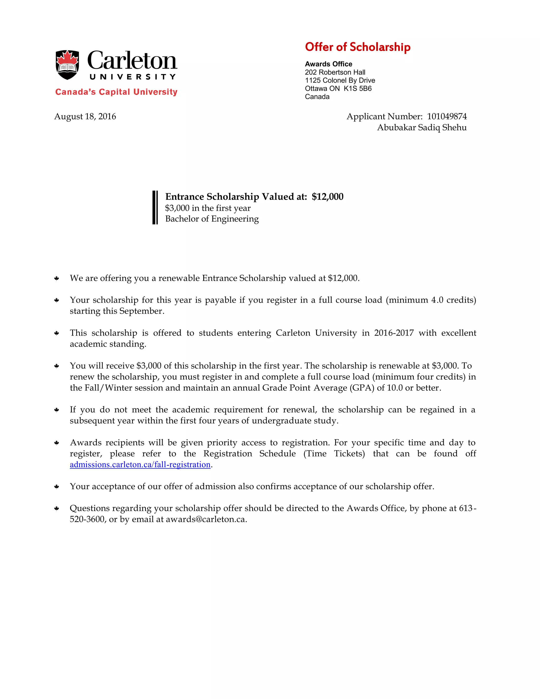 Carleton Acceptance Letter | PDF