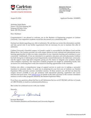 Carleton Acceptance Letter | PDF