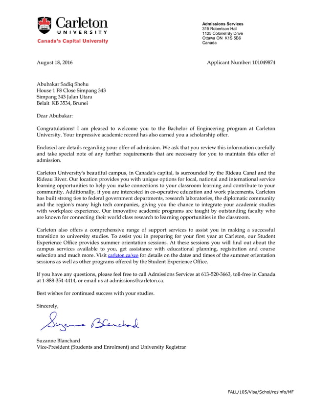 Carleton Acceptance Letter | PDF
