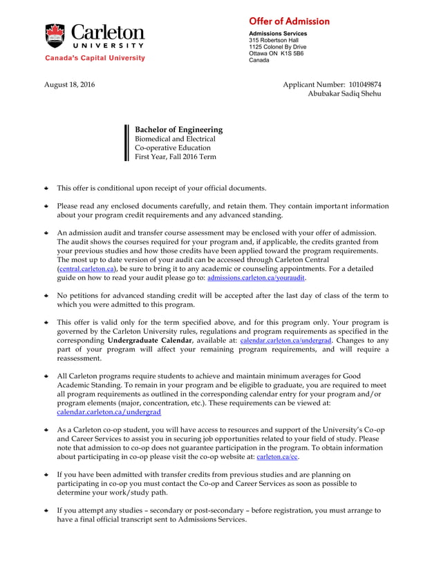 Carleton Acceptance Letter | PDF