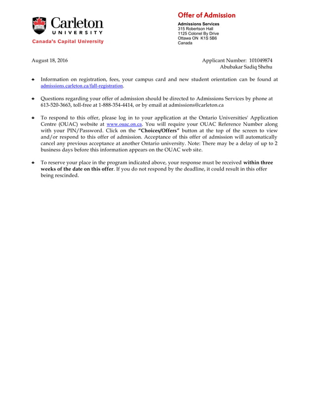 Carleton Acceptance Letter | PDF
