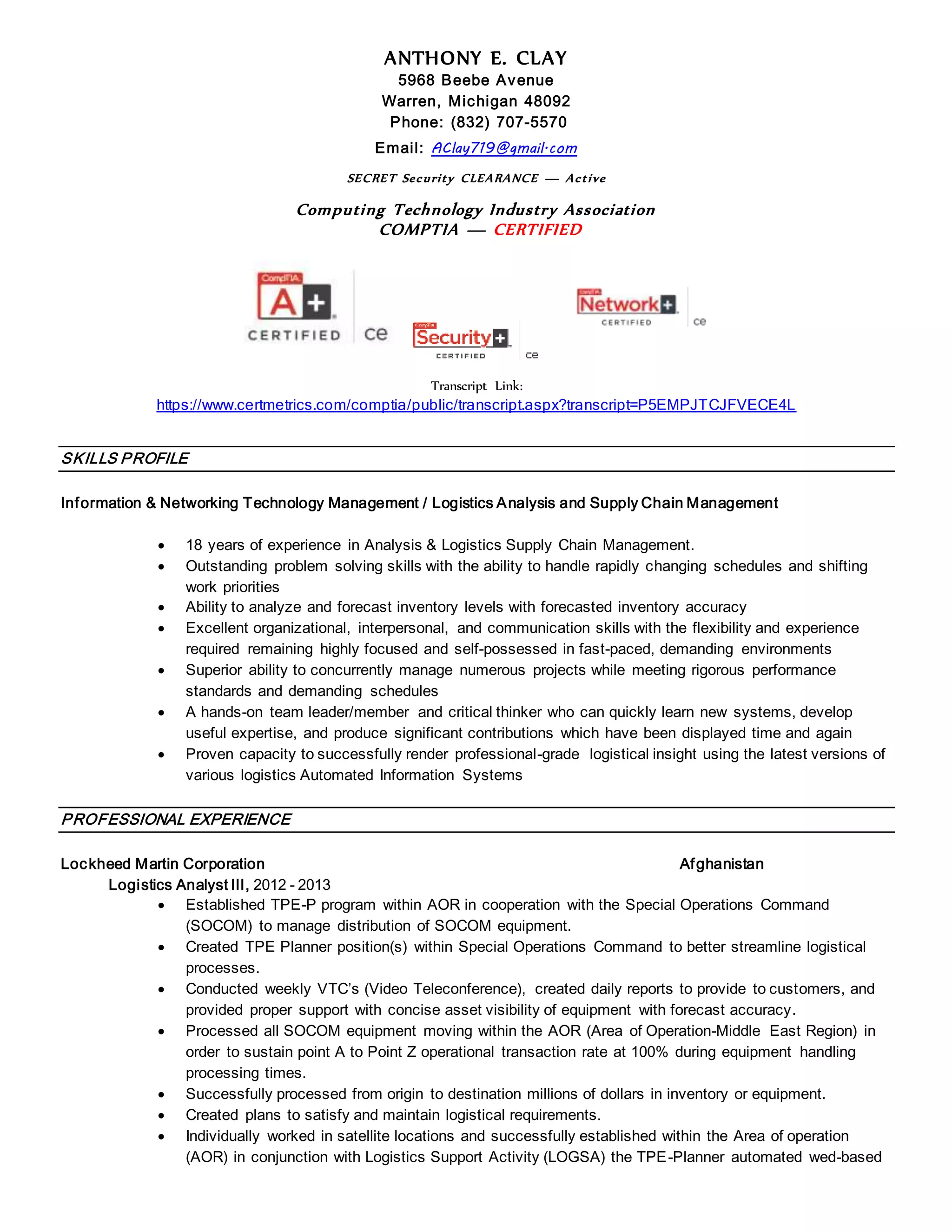 Anthony Clay Resume | PDF