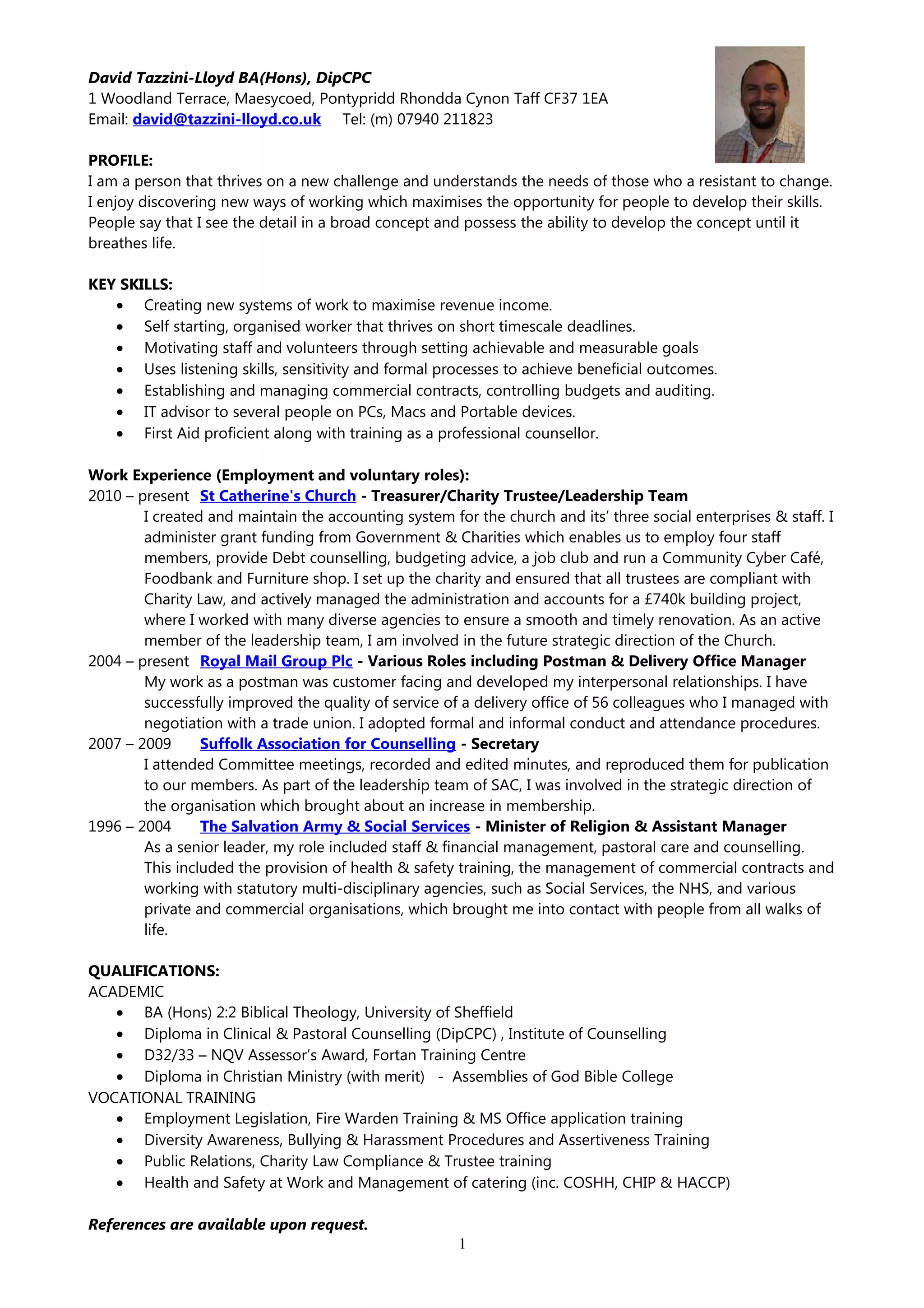 David Tazzini-Lloyd Profile CV (September 16) | DOC