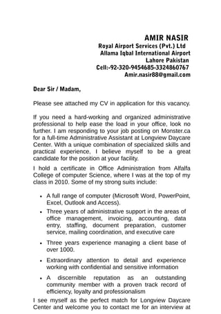 Amir Nasir cover letter | PDF