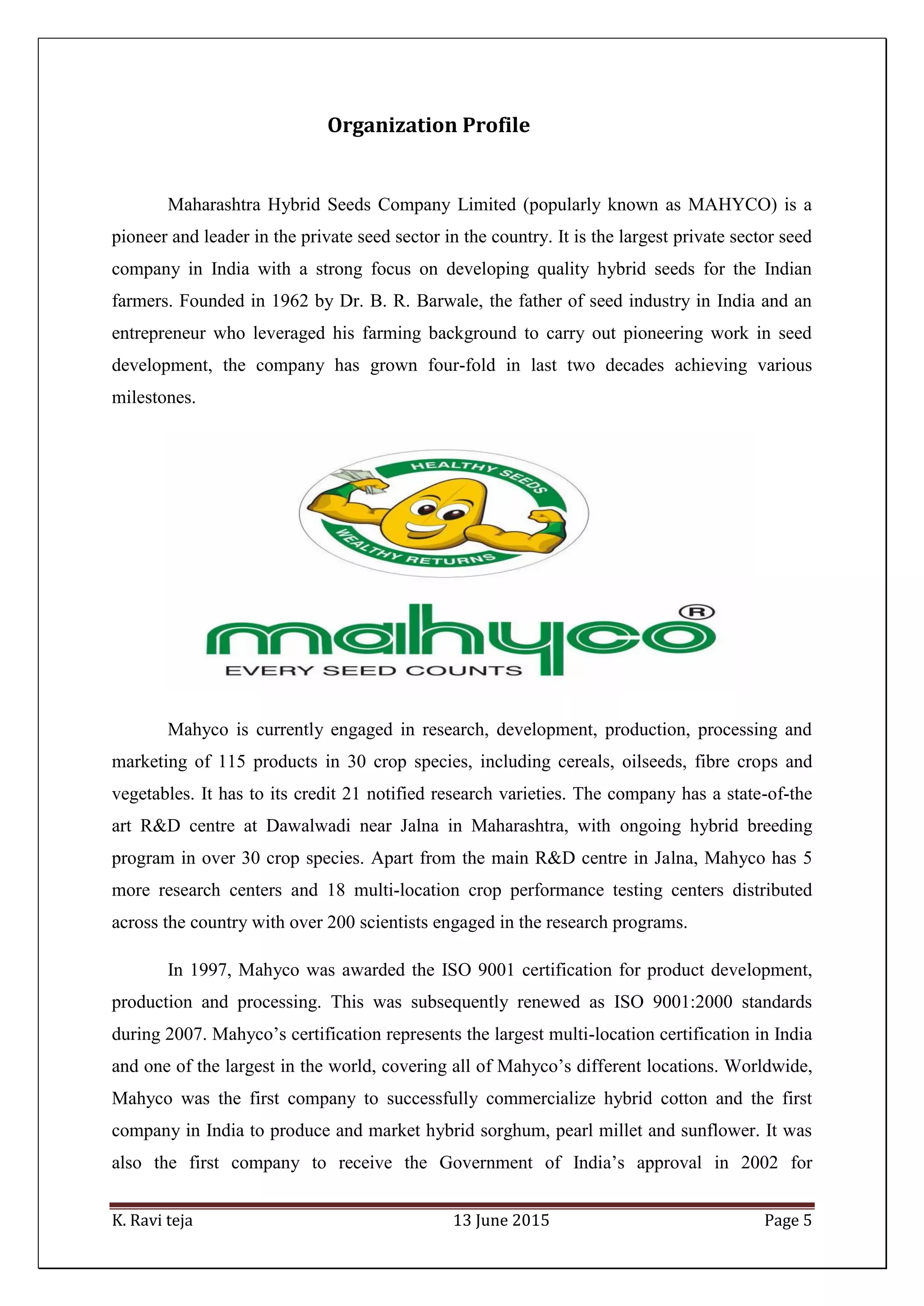 Mahyco Summer intern Report | PDF