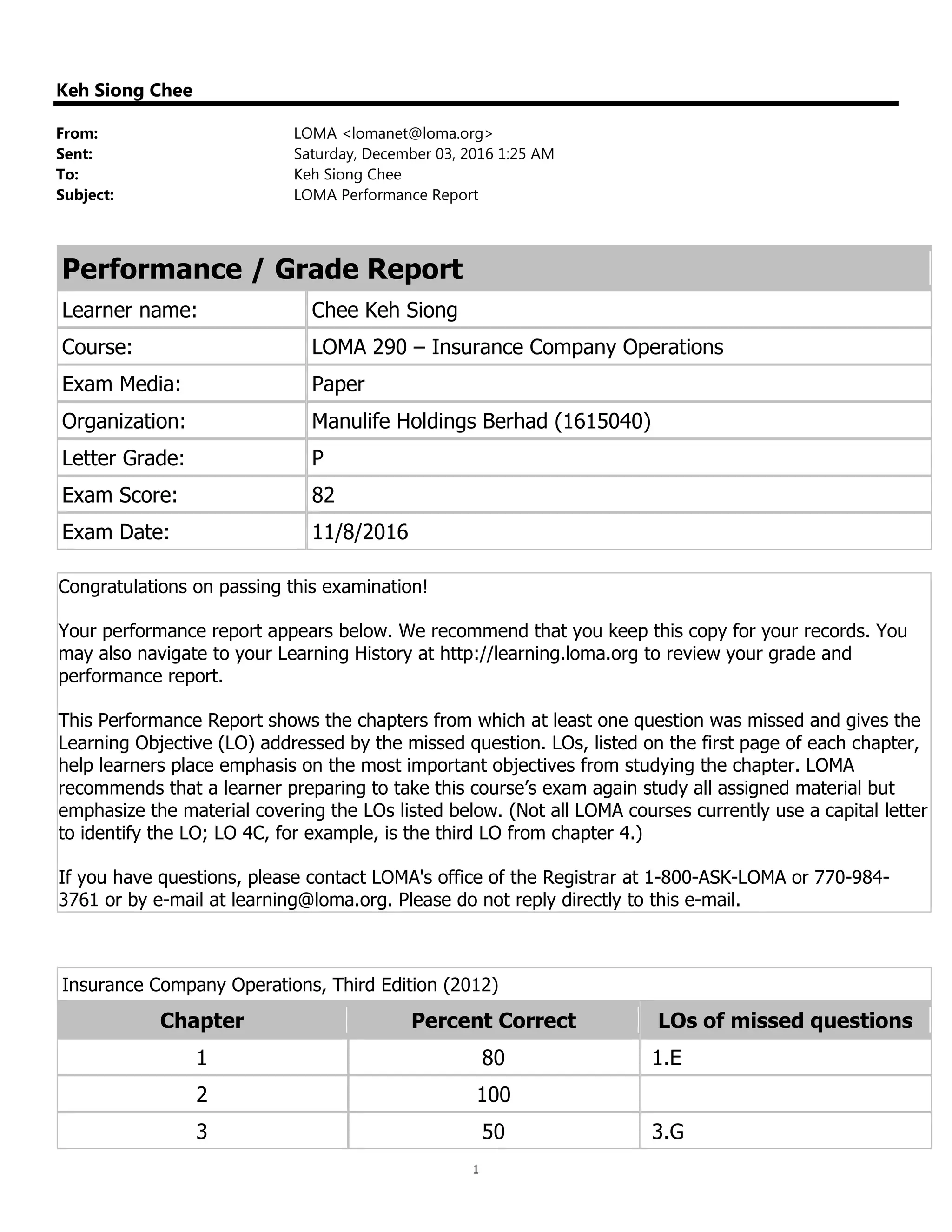 LOMA 290 - Performance Report | PDF