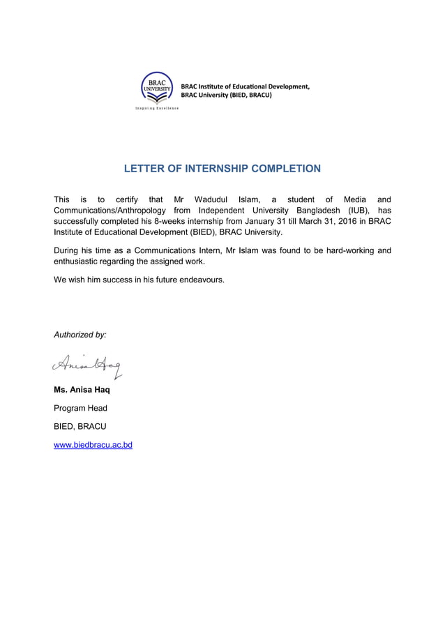LETTER OF INTERNSHIP COMPLETION | PDF
