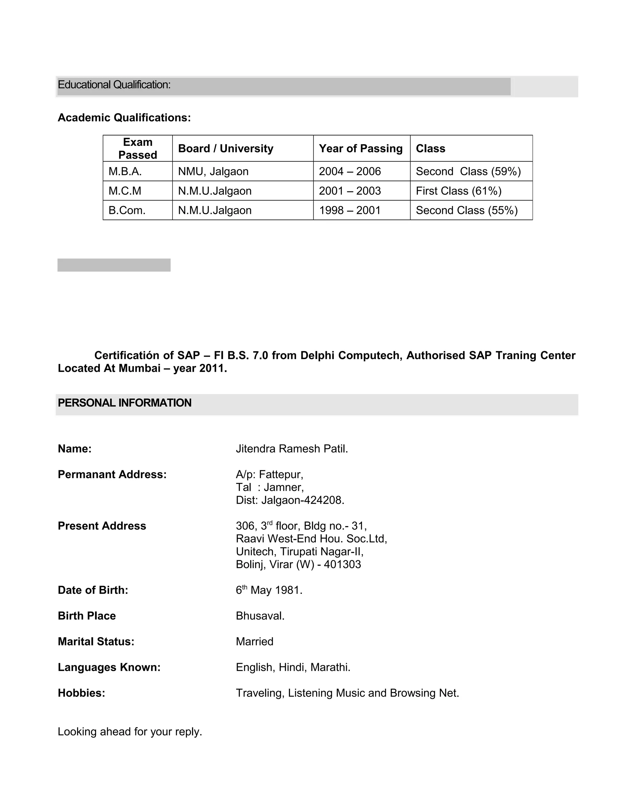 Jitendra Resume | DOC | Credit Cards | Personal Debt