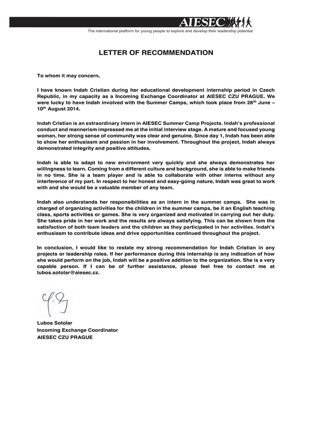 Recommendation Letter - AIESEC | PDF