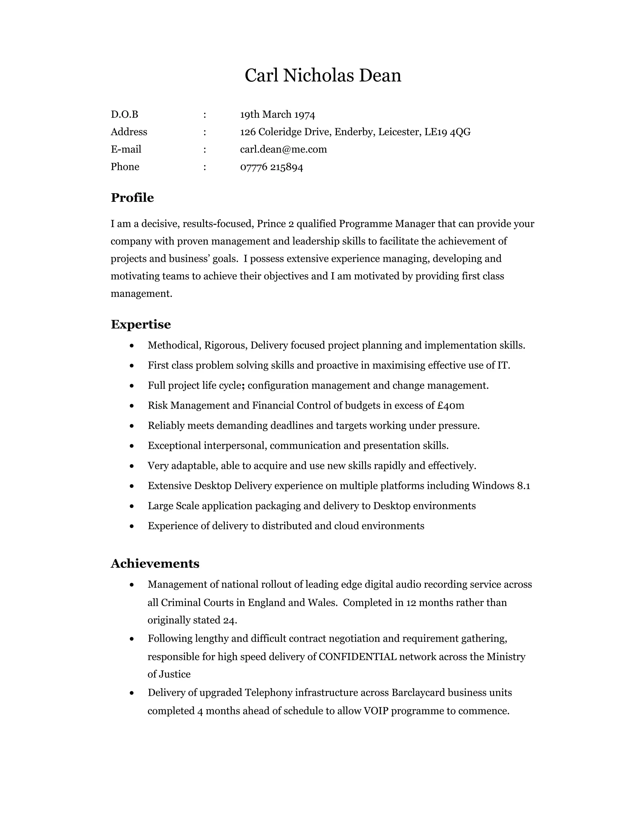 Carl Dean - CV | DOC