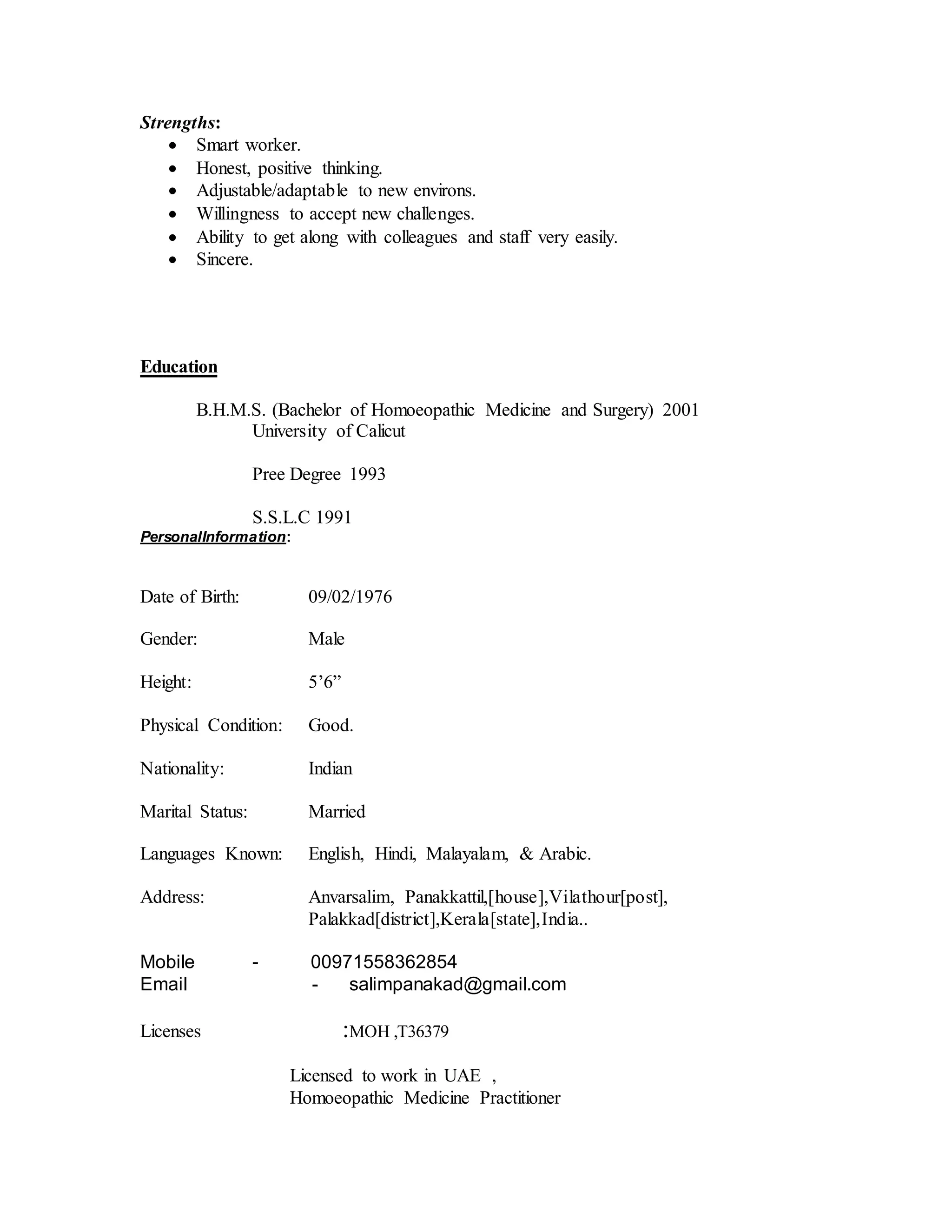 RESUME Dr Anvarsalim BHMS | DOCX