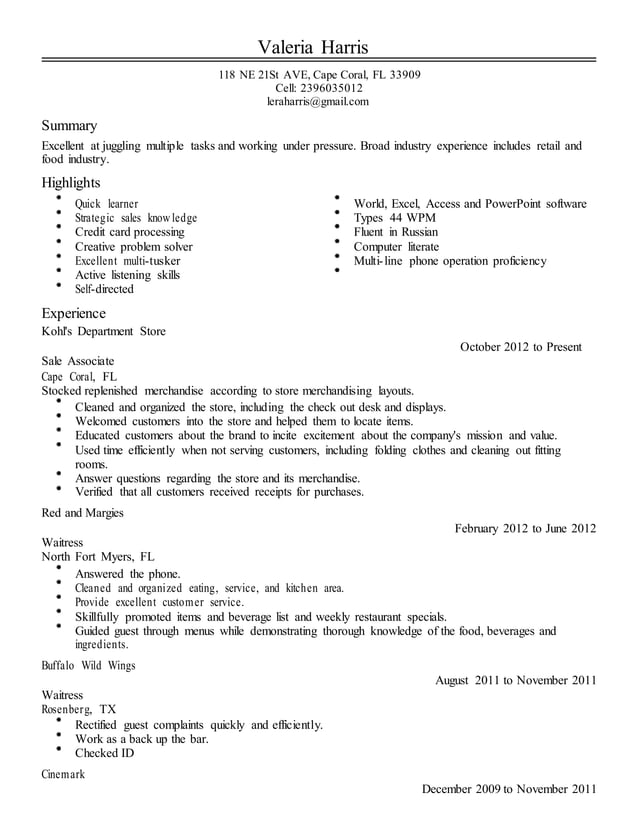 Valeria Harris Resume | DOCX | Food Industry | Industries