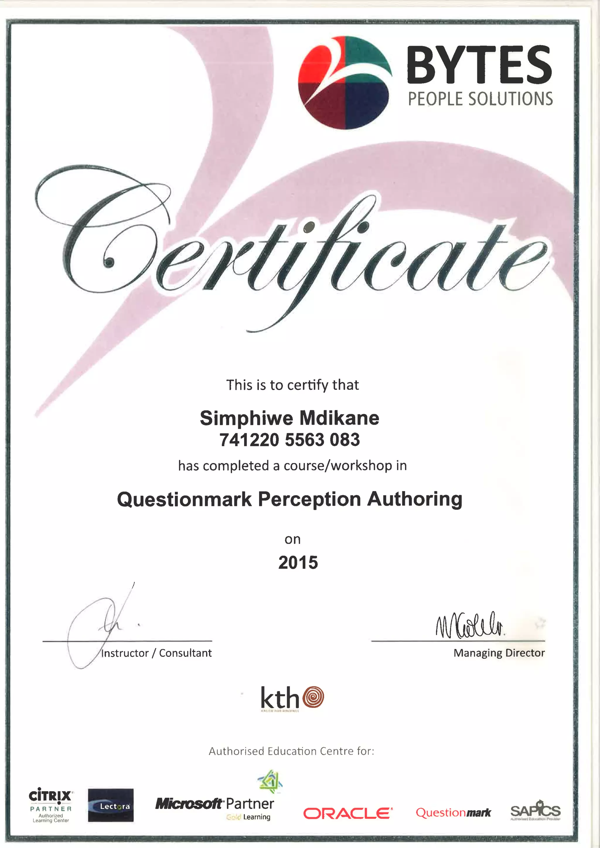 QuestionMark Perception Authoring Certificate of attendance | PDF