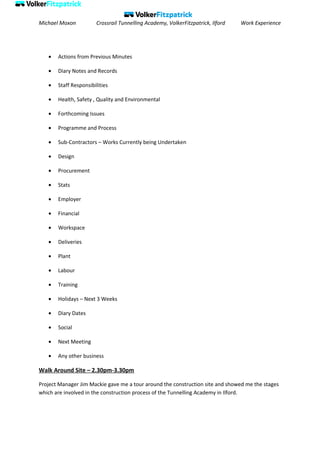 Work Experience Diary - VolkerFitzpatrick | DOC