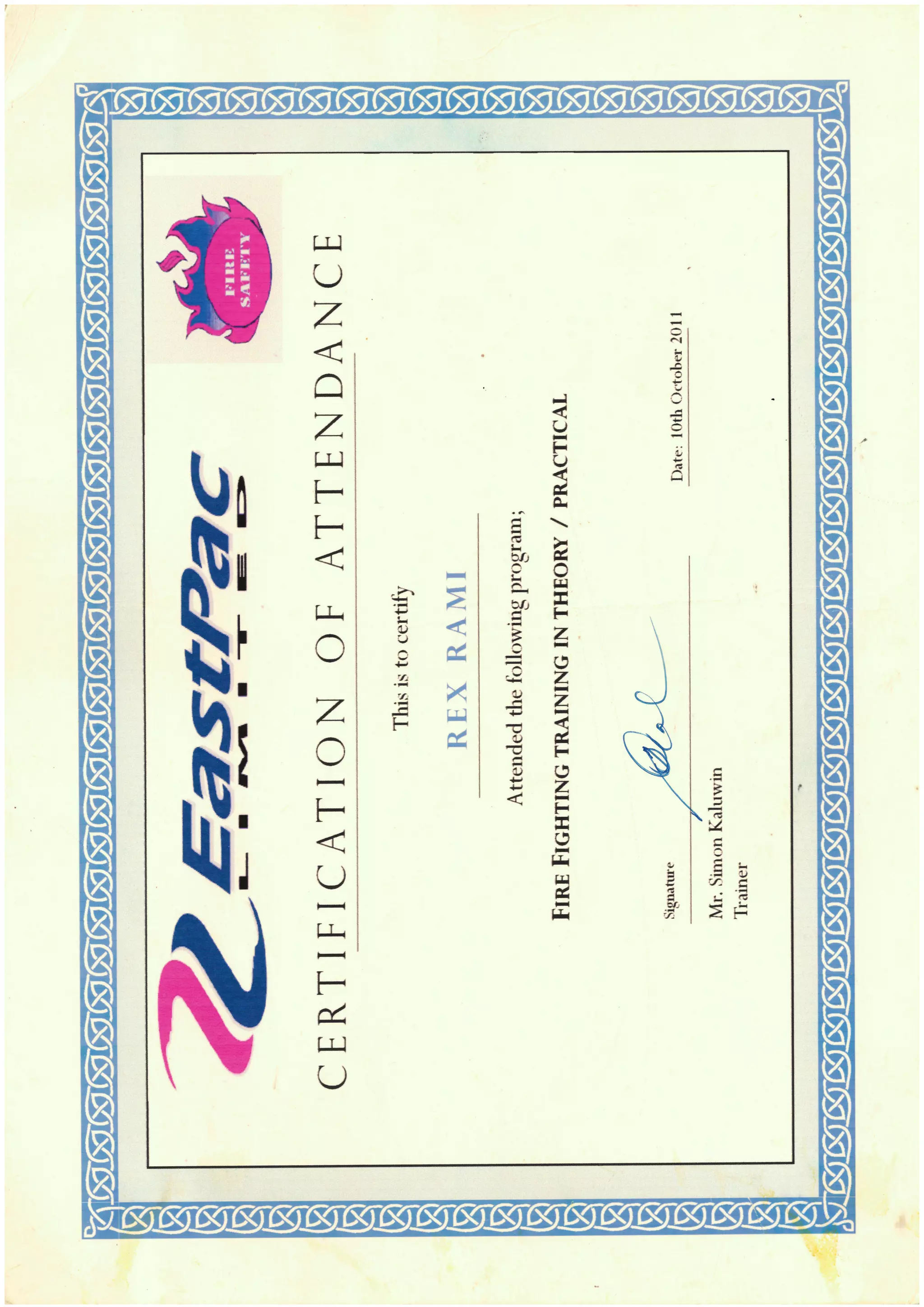 FIRE FIGHTING TRAINING CERTIFICATE | PDF