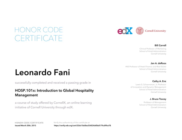 ECornell Certificate 2015 Introduction to Global Hospitality Management ...