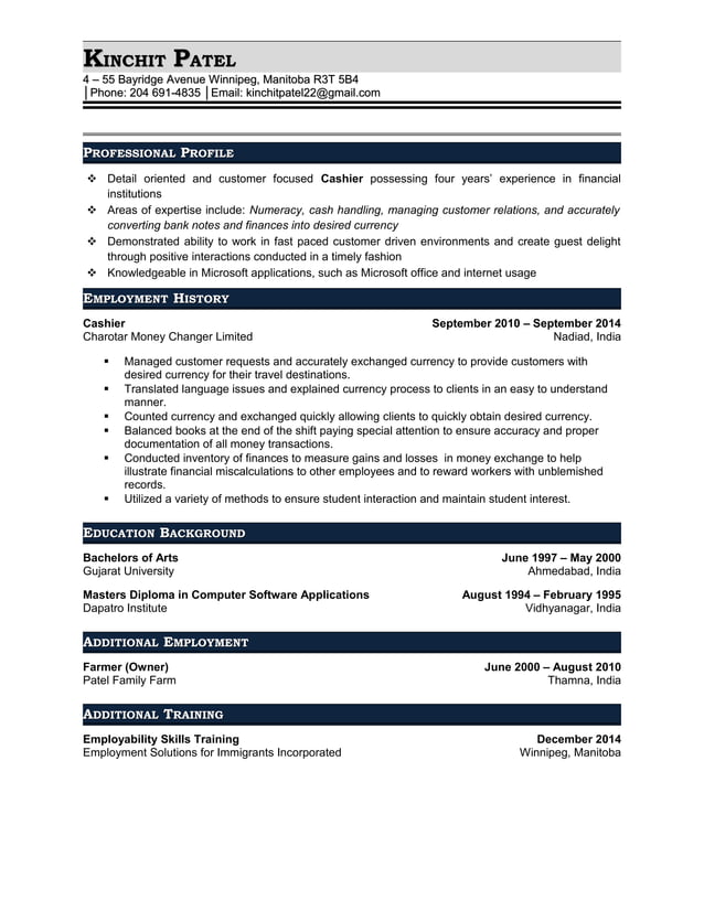 resume patel, Kinchit Cashier and Currency Exchange | PDF